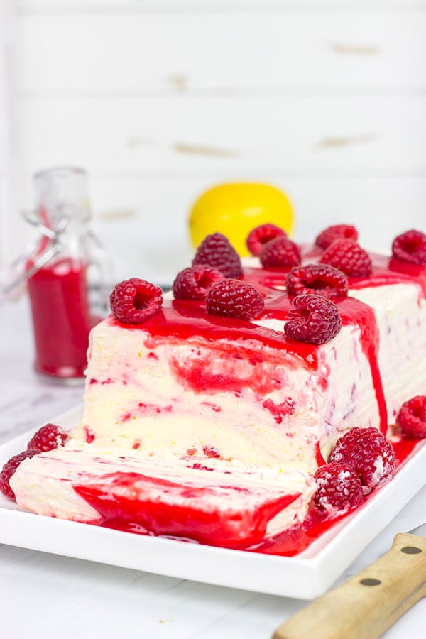 Lemon Raspberry Semifreddo | Topped with raspberry + limoncello sauce