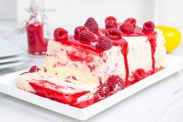 Lemon Raspberry Semifreddo | Topped with raspberry + limoncello sauce