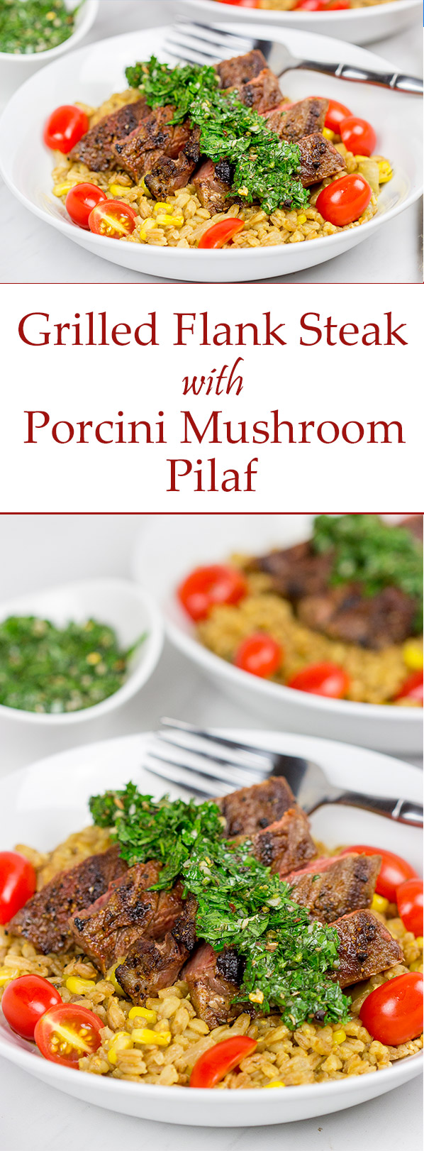 Grilled Flank Steak with Porcini Mushroom Pilaf | Fire up the grill!