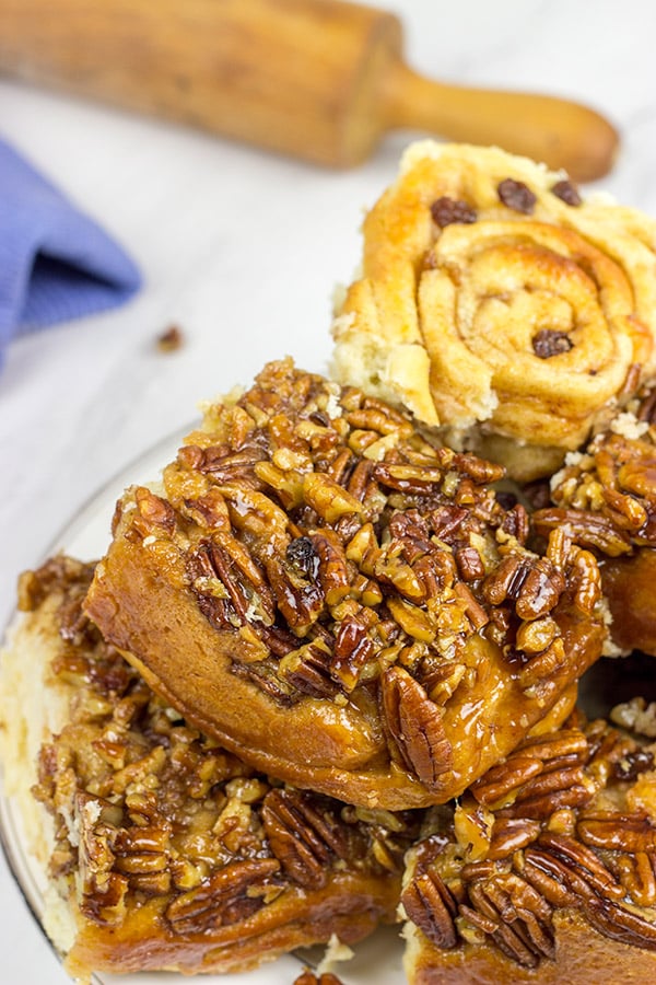 Schnecken - a tasty German cinnamon roll topped with pecans & honey!