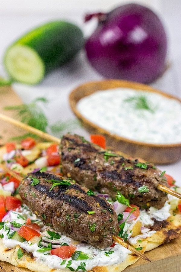 Grilled Beef Kofta Kabobs - Served with grilled naan and tzatziki sauce!
