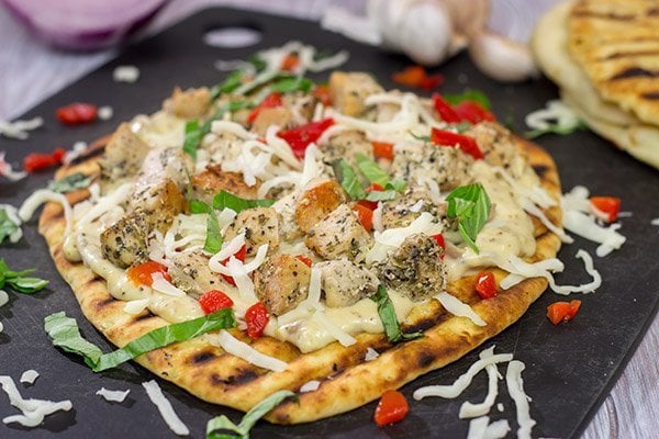 Grilled Chicken Flatbread | Juicy chicken over tasty roasted garlic sauce
