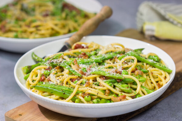 Spaghetti Carbonara with Spring Vegetables | Easy, gourmet dinner idea!